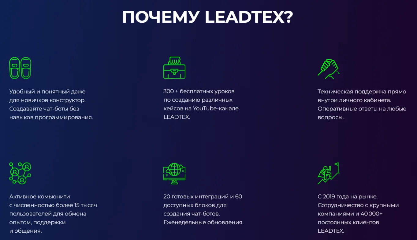 LeadTex: обзор платформы для создания ботов в Telegram и ВКонтакте без программирования